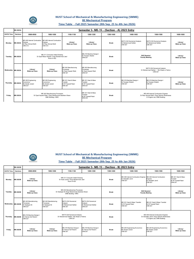 Fall 2025 Mechanical Engineering Timetable | PDF