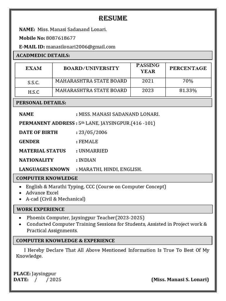 Resume of Manasi Sadanand Lonari | PDF