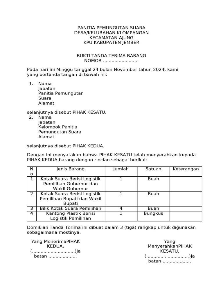 Template Bukti Tanda Terima Barang Tps 1 Kel Klompangan Kec Ajung (1) | PDF