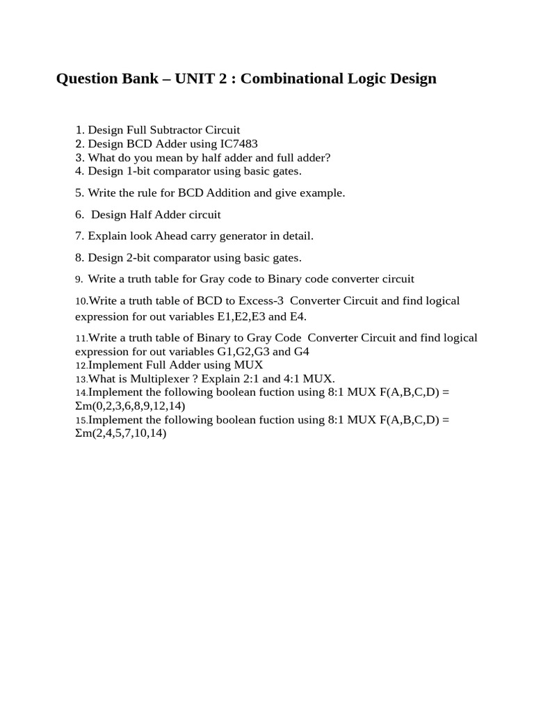 Question Bank - UNIT 2: Combinational Logic Design | PDF