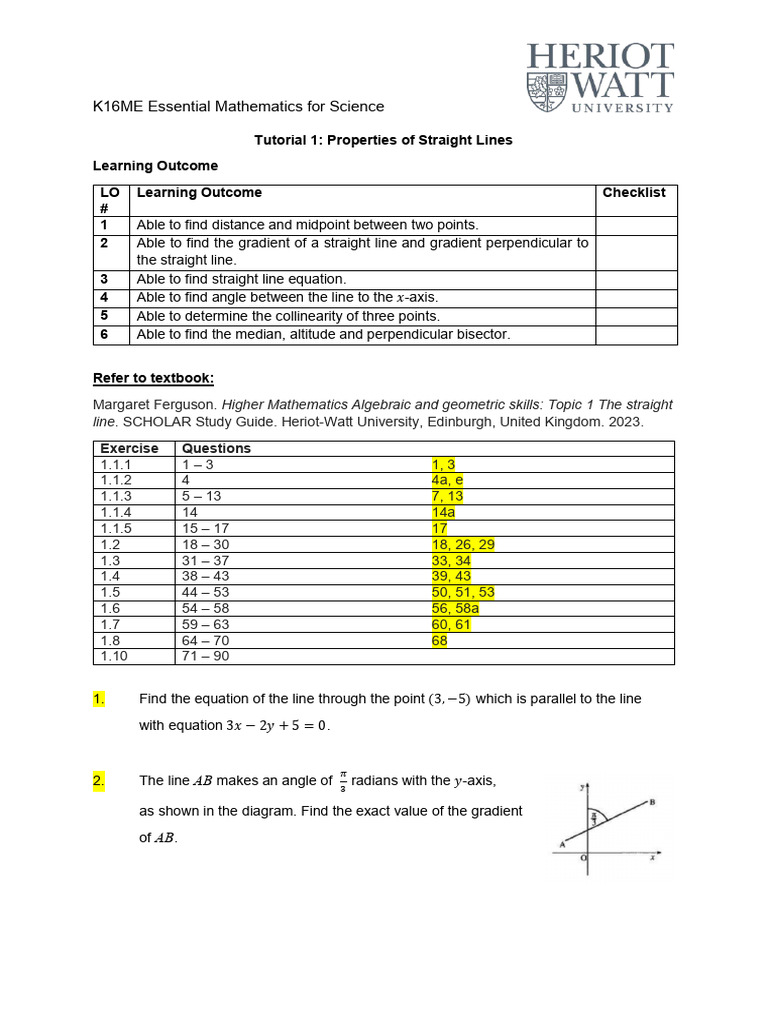 K17ME Tutorial 1 Properties of Straight Lines Students | PDF | Line ...