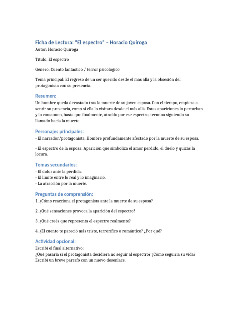 Ficha de Lectura El Espectro Horacio Quiroga | PDF