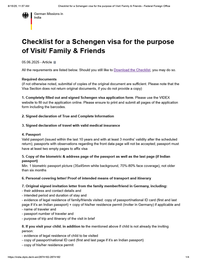 Checklist For A Schengen Visa For The Purpose of Visit - Family ...