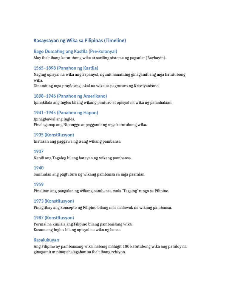 Kasaysayan NG Wika Sa Pilipinas Timeline | PDF