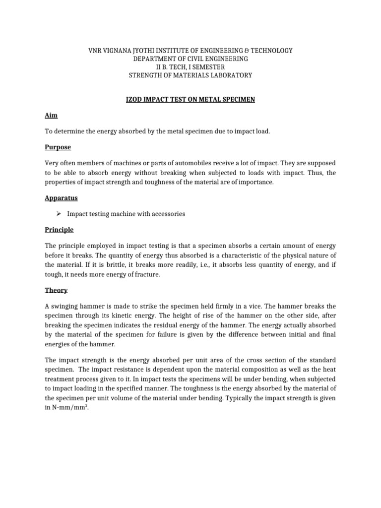Izod Impact Test On Metal Specimen | PDF | Strength Of Materials ...