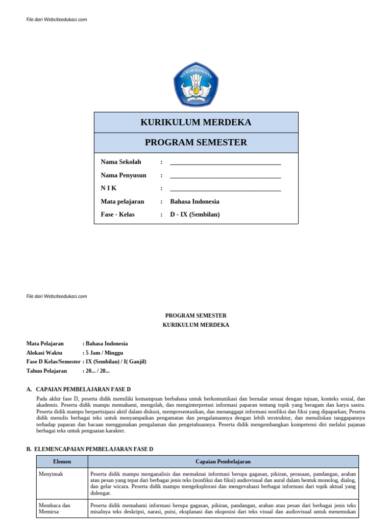 5. Prosem IKM Kelas IX - B.indonesia (Websiteedukasi.com) (1) | PDF