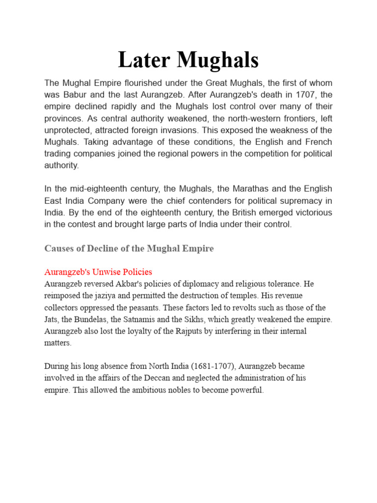 History CHP - 1 Later Mughals PDF | PDF | Mughal Empire