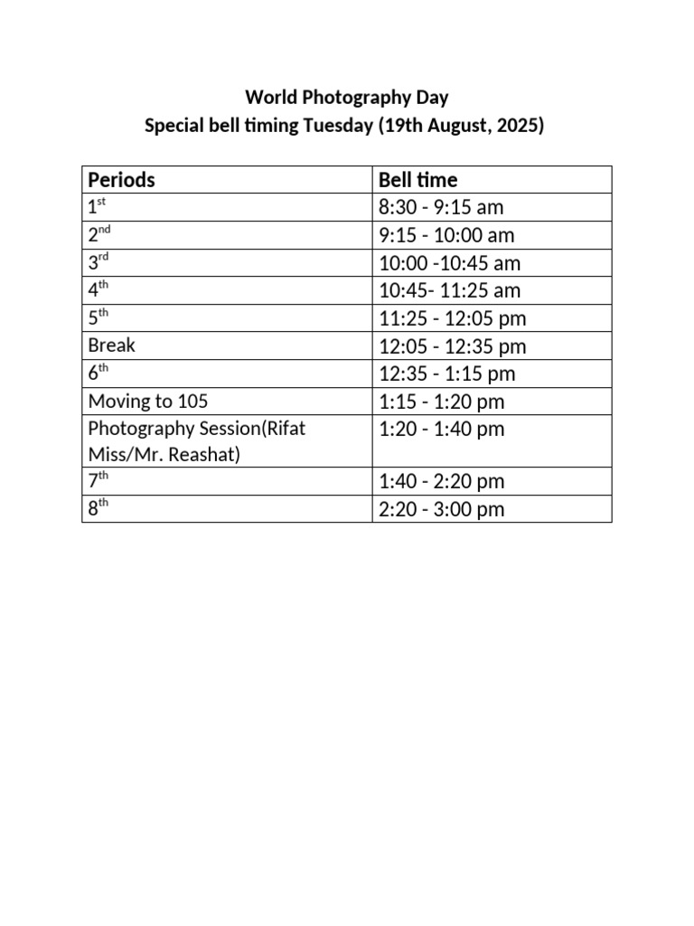 Special Bell Timing For 19th August (Tuesday) | PDF