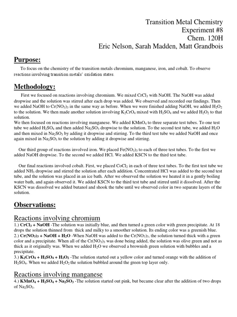 Transition Metal Chemistry Experiment Observations & Calculations | PDF ...