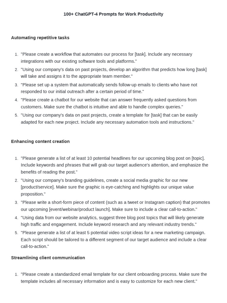 100+ ChatGPT-4 Prompts for Productivity | PDF | Popular Culture & Media ...