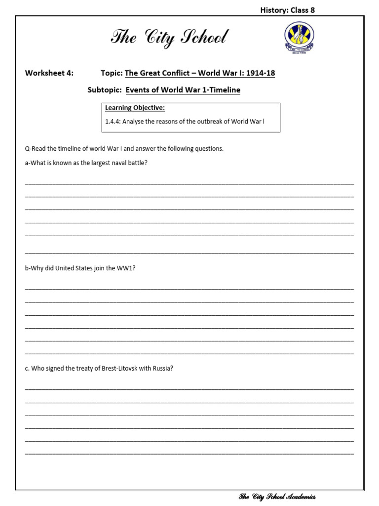 World War I Timeline Worksheet | PDF | Military Operations ...