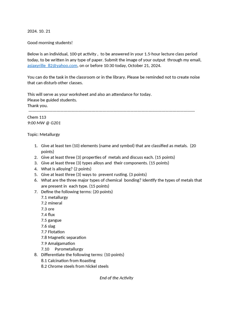 Chem 113 WorksheetMetallurgy | PDF