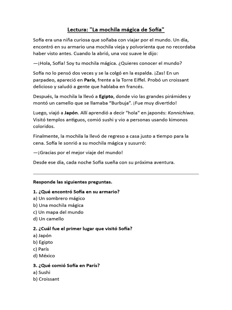 Mochila mágica: Aventuras de Sofía | PDF