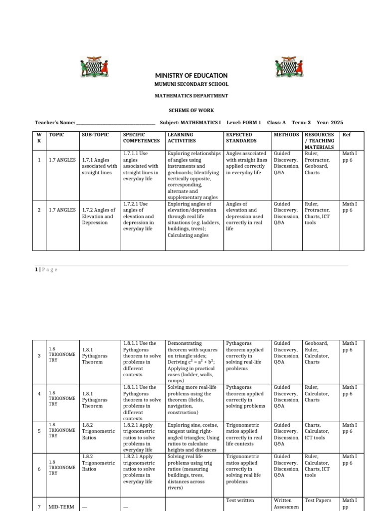 Form 1 Term 3 Mathematics Scheme | PDF | Trigonometry | Trigonometric ...
