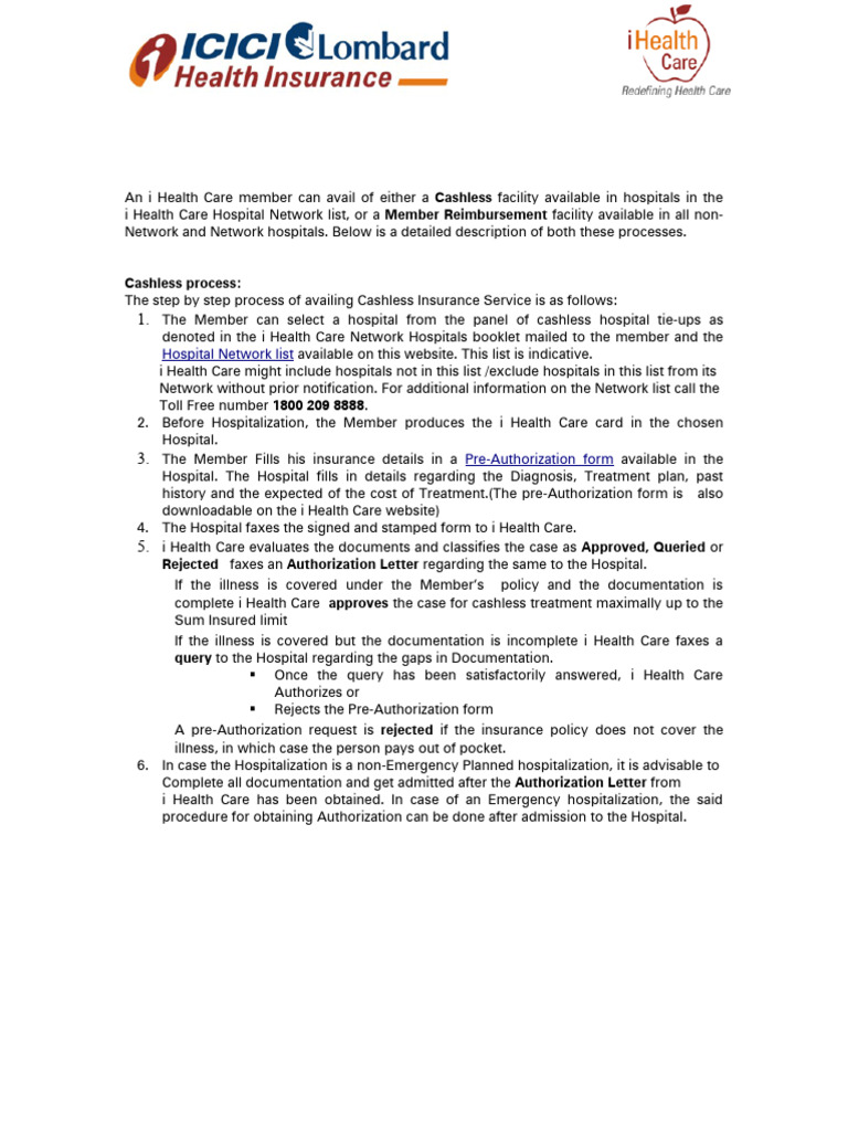 i Health Care Cashless & Reimbursement Guide | PDF | Hospital | Medicine