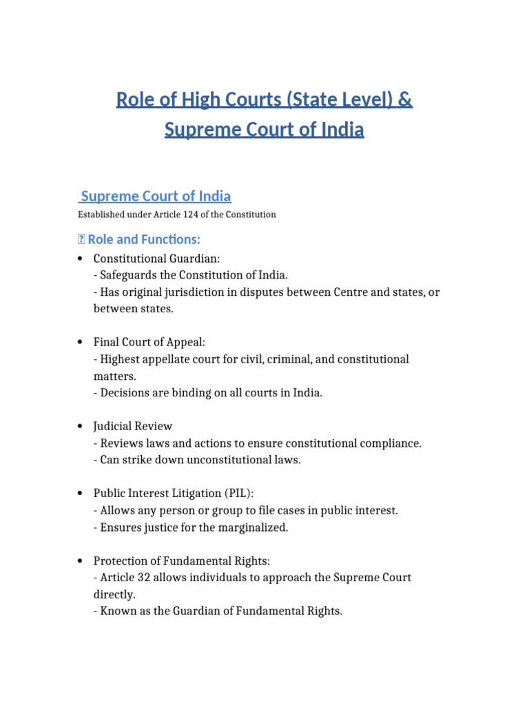 Role of High Courts and Supreme Court | PDF | Supreme Courts | Appeal