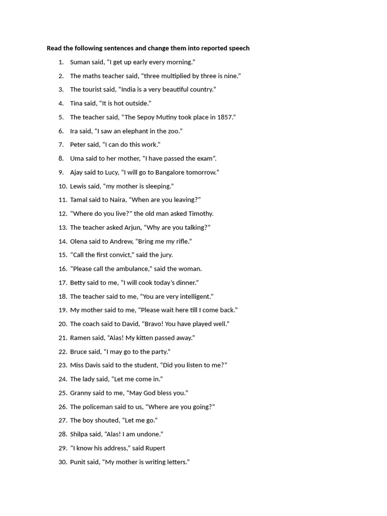 Reported Speech Conversion Exercises | PDF