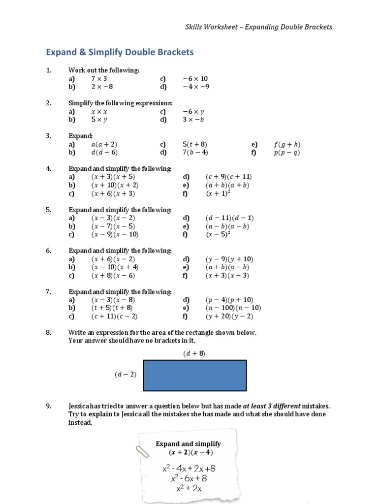 Expand and Simplify Double Brackets Worksheet | PDF | Mathematical ...