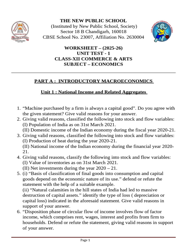 Class XII Economics Unit Test Worksheet | PDF | Gross Domestic Product ...