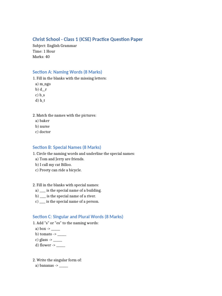 Class 1 English Grammar Practice Paper | PDF