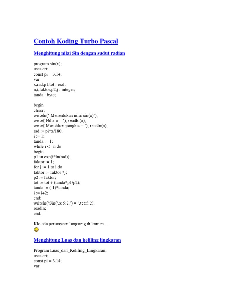 Contoh Koding Turbo Pascal: Menghitung Nilai Sin Dengan Sudut Radian | PDF