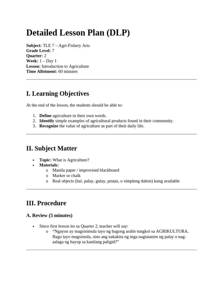 Detailed Lesson Plan TLE 7 Q2 DAY 1 | PDF | Cognitive Science | Human Communication
