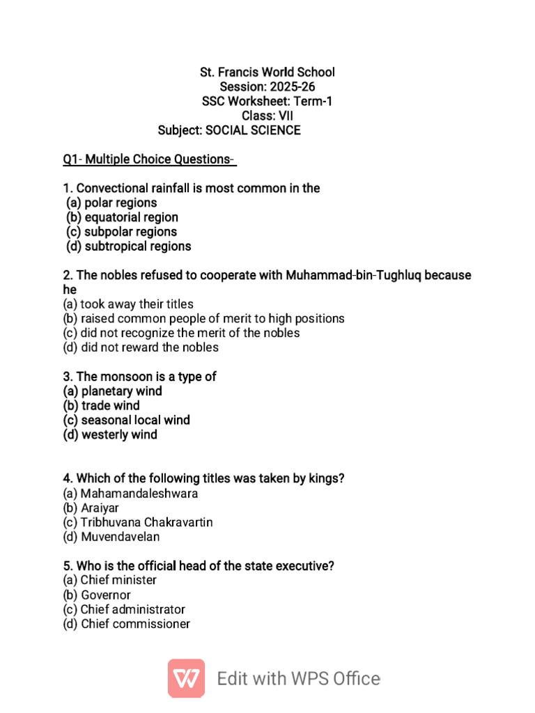 Class VII Social Science SSC Worksheet | PDF | Physical Geography ...