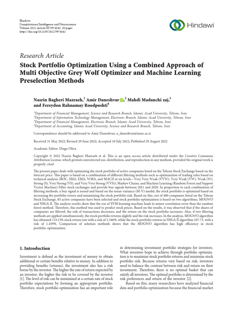 Stock Portfolio Optimization Using A Combined Appr | PDF | Machine ...