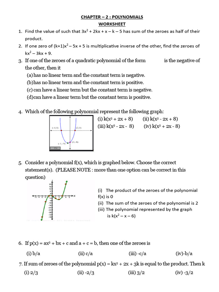 STD 10 Polynomials - Worksheet 1 | PDF | Zero Of A Function | Polynomial