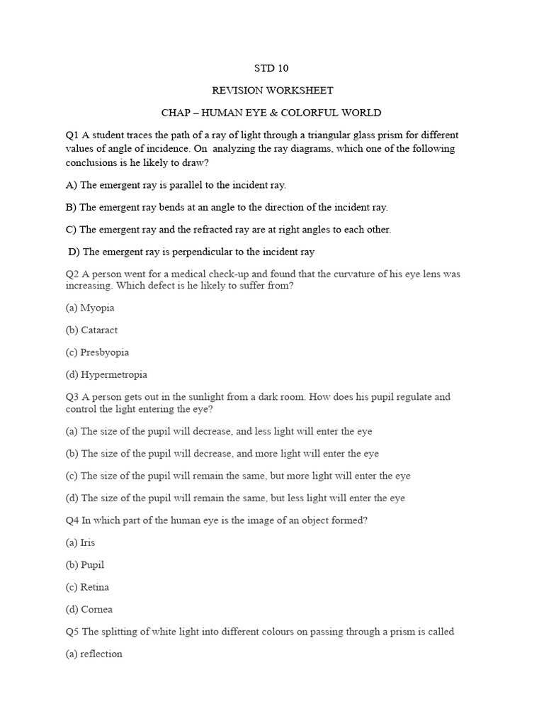 Human Eye & Light Refraction Worksheet | PDF | Eye | Human Eye