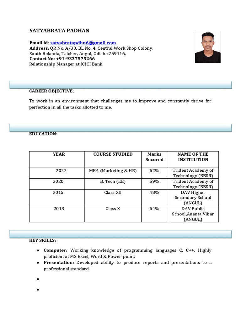 Satyabrata Padhan - ICICI Bank Resume | PDF