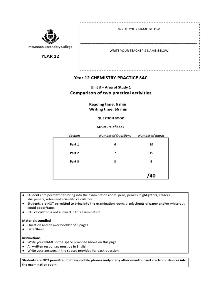 Year 12 Chemistry Practice SAC Guide | PDF | Chemistry | Physical Sciences