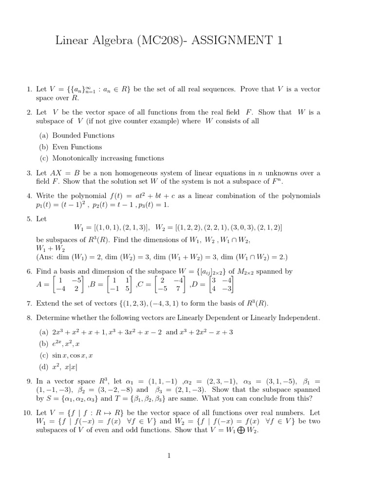 Linear Algebra Assignment1 | PDF | Linear Subspace | Basis (Linear Algebra)