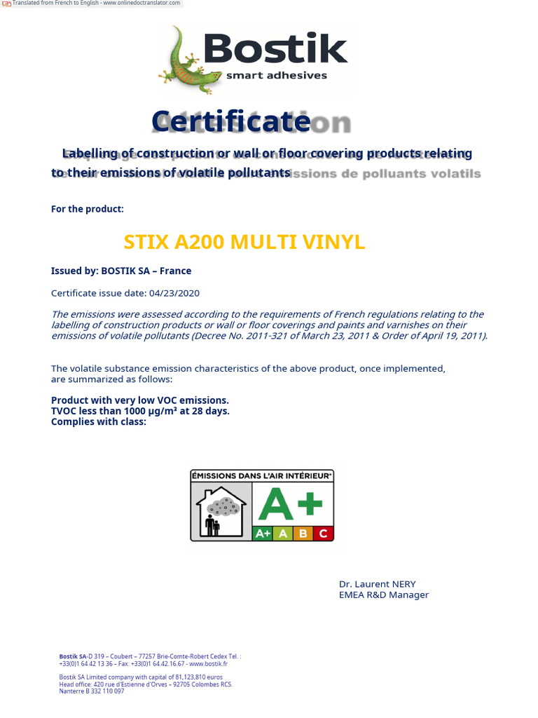 VOC Certification Bostik 30615675 Certification Cov Stix A200 Multi ...