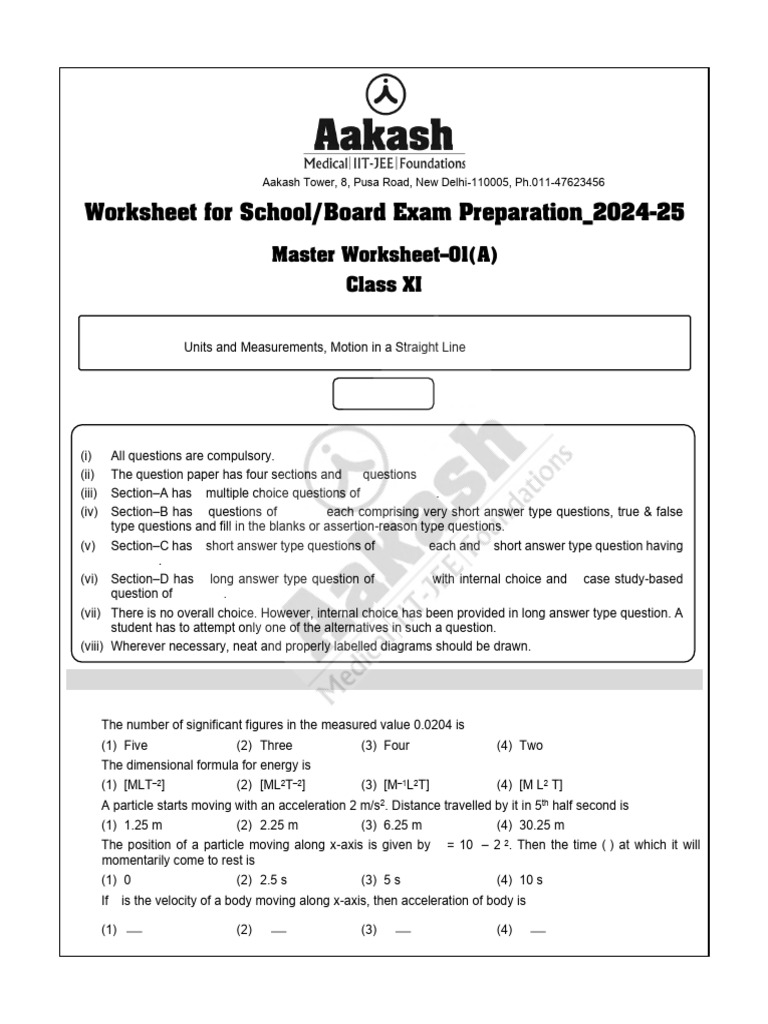 Master WS-01 (A) - Physics - XIth - Units & Measurements, Motion in A Straight Line | PDF ...