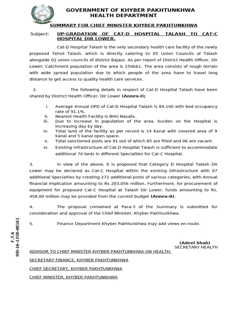 16.09.2024 Summary Regarding Declaration of Cat-D Hospital Talash Dir ...