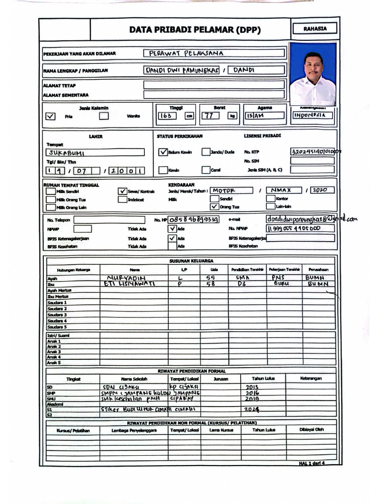 Data Pribadi Pelamar Dandi Dwi Pamungkas | PDF