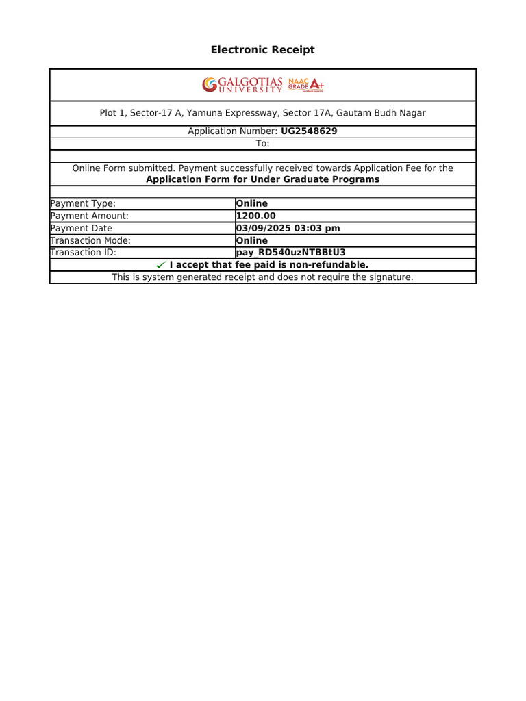Acknowledgement Receipt UG2548629 | PDF