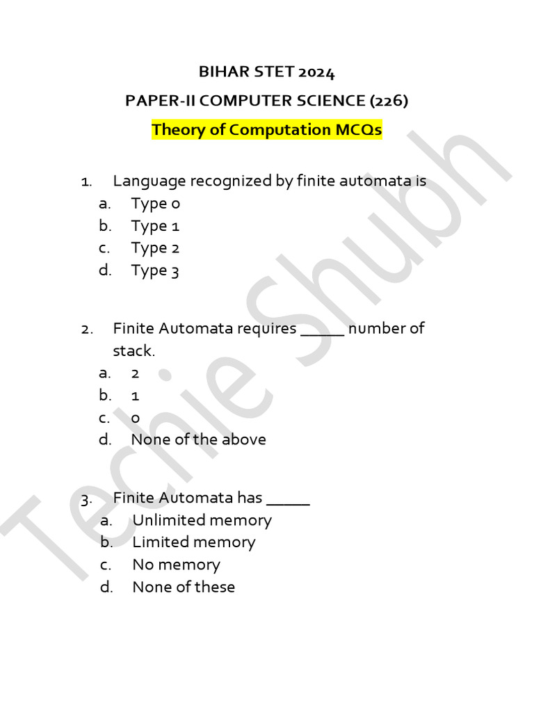 Bihar Stet 2024 (Toc Imp MCQS) | PDF | Automata Theory | Models Of Computation