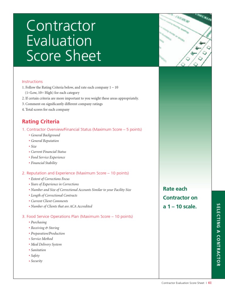 Contractor Evaluation Score Sheet | PDF | Menu | Dietitian