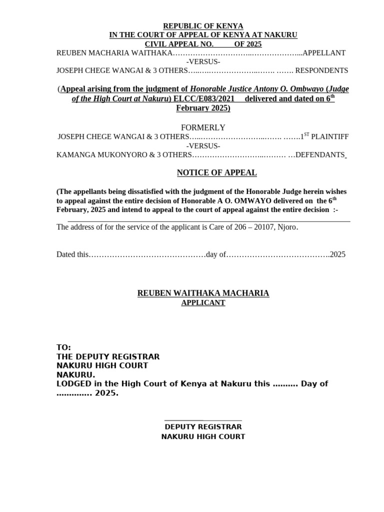 Notice of Appeal - Kenya 2025 | PDF