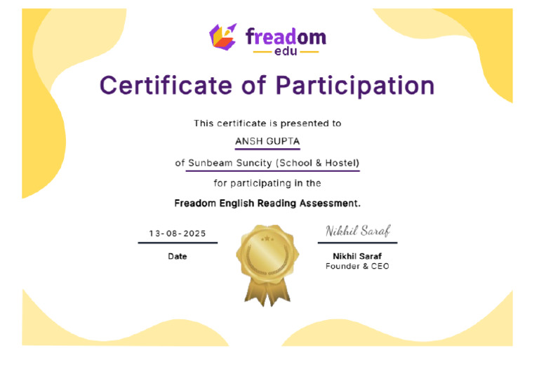 ANSH GUPTA Freadom English Reading Assessment Certificate | PDF