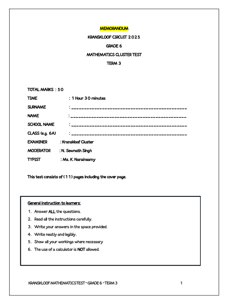 Grade 6 Term 3 Math Test Memorandum | PDF | Shape | Rectangle