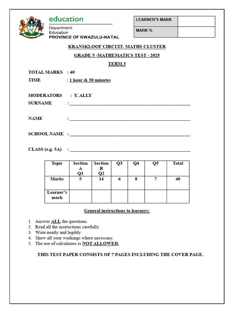 GRADE 5 - Term 3 - Cluster Paper-1 | PDF | Shape | Rectangle
