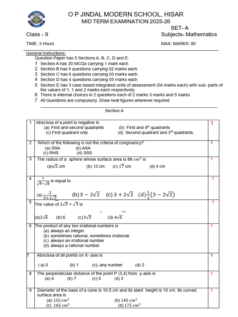sample paper Mid term Maths class 9-2 | PDF | Triangle | Sphere
