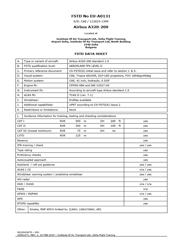 Airbus A320-200 FSTD Data Sheet | PDF | Transport Safety | Avionics