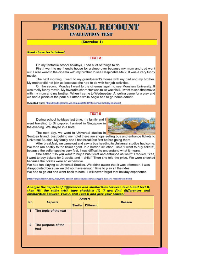 Worksheet - Personal Recount | PDF