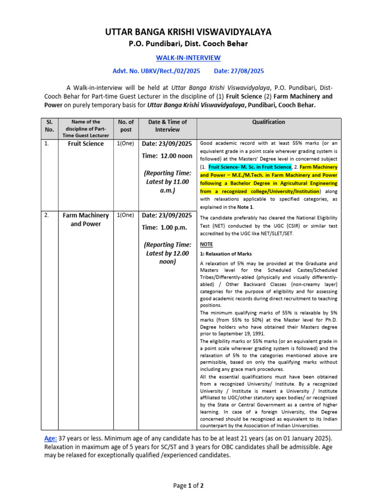 Walk in Interview Advt. Notification Ubkv Rect 02 2025 27.08.2025 Fruit ...