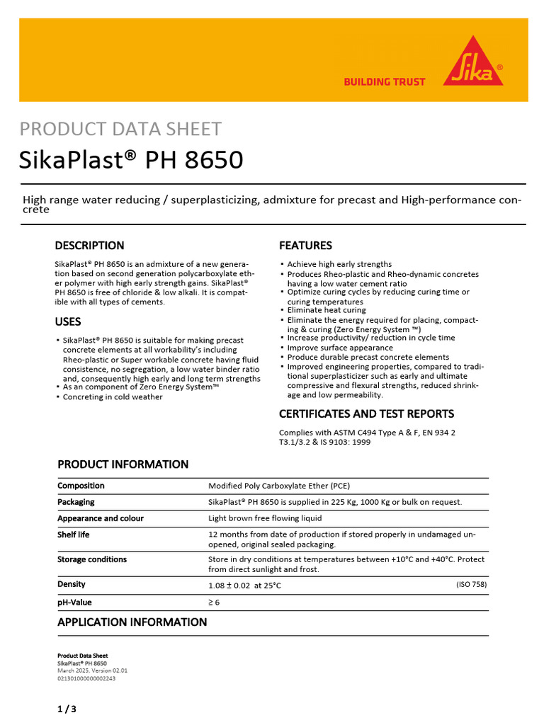 pds-sikaplast-ph8650 | PDF | Concrete | Cement