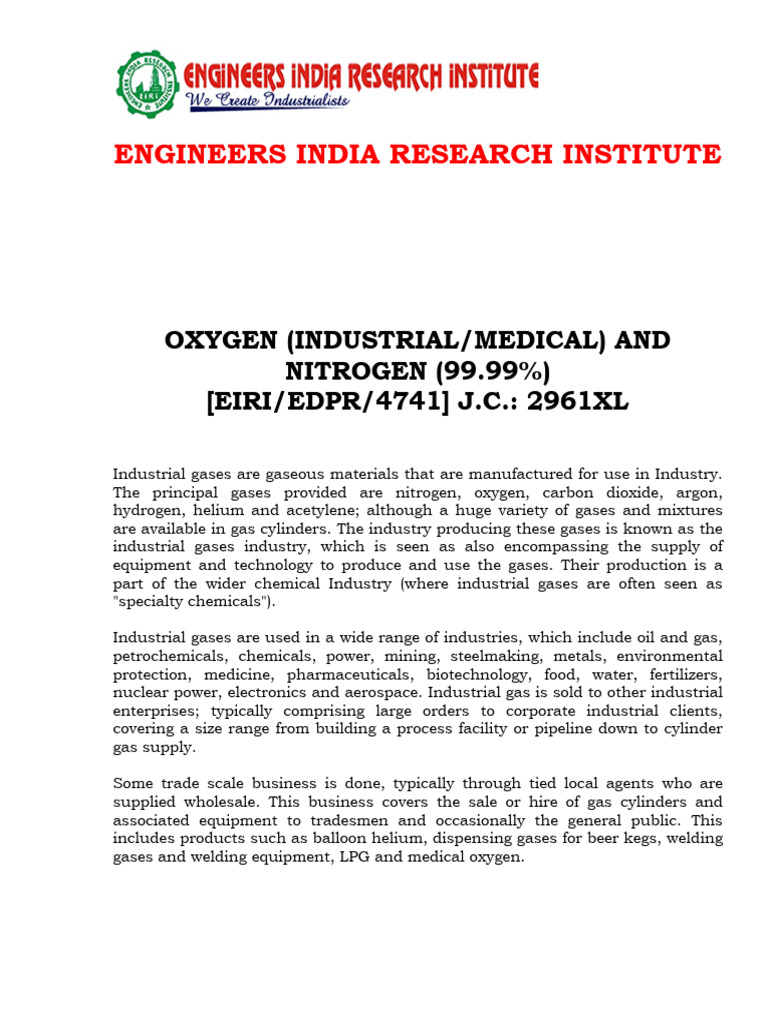 Detailed Project Report On OXYGEN (INDUSTRIAL/MEDICAL) AND NITROGEN (99 ...